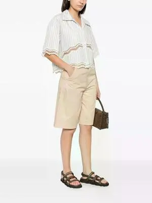 Sandro Cropped Striped Cotton Shirt With Lace Trim - Neutrals