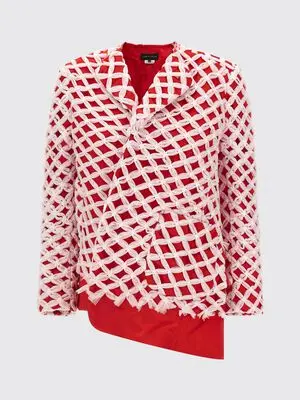 Comme Des Garçons Asymmetrical Double-breasted Blazer In Embroidered Check Tulle