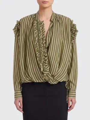 Dries Van Noten Striped Cupro Shirt With Ruffles And V-neck - Green