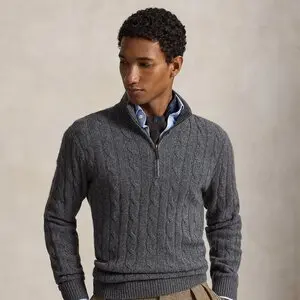 Ralph Lauren Cable-Knit Cashmere Quarter-Zip Sweater Static Grey Heather