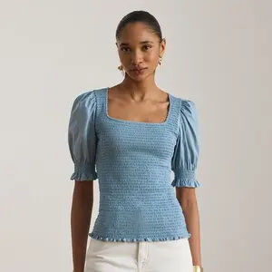 Ralph Lauren Smocked Cotton Jersey Puff-sleeve Top - Blue Note