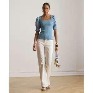 Ralph Lauren Smocked Cotton Jersey Puff-sleeve Top - Blue Note