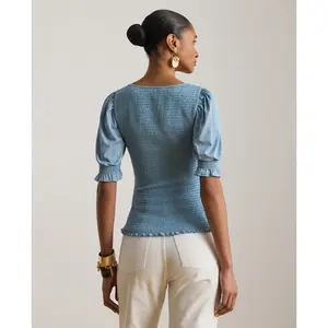 Ralph Lauren Smocked Cotton Jersey Puff-sleeve Top - Blue Note