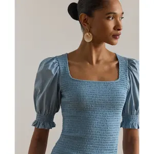 Ralph Lauren Smocked Cotton Jersey Puff-sleeve Top - Blue Note