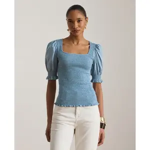 Ralph Lauren Smocked Cotton Jersey Puff-sleeve Top - Blue Note