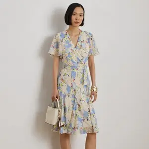 Ralph Lauren Floral Crinkle Georgette Surplice Dress - Blue Multi