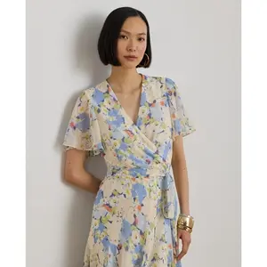 Ralph Lauren Floral Crinkle Georgette Surplice Dress - Blue Multi