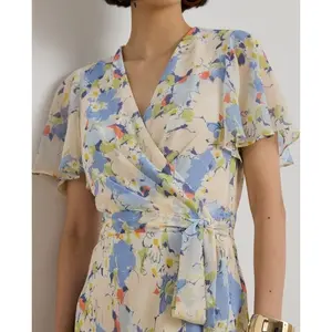 Ralph Lauren Floral Crinkle Georgette Surplice Dress - Blue Multi