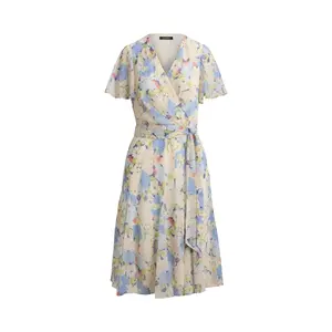 Ralph Lauren Floral Crinkle Georgette Surplice Dress - Blue Multi