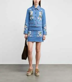 Veronica Beard Denim Embroidered Mini Skirt