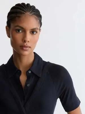 REISS Shona Collar-insert Jersey-knit Top With Wool - Navy