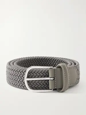 Anderson's 3.5cm Leather-trimmed Woven Elastic Belt - Gray