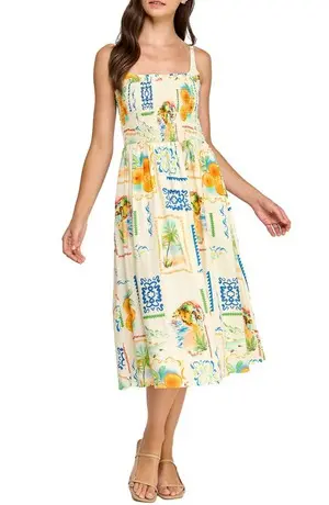 LAYERED WITH LOVE Cecelia Print Linen Blend Midi Sundress - Postcard