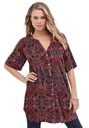 Roaman's Angelina Crinkle Crepe Y-neck Short Sleeve Tunic - Multi Mirrored Medallion