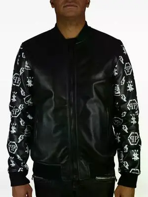 Philipp Plein Leather Bomber Jacket With Graphic Print Sleeves