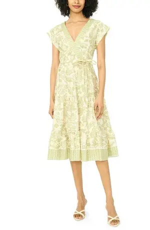 Vince Camuto Printed Tie Waist Midi Dress