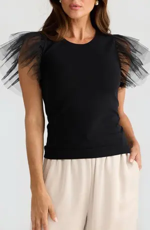 BRAVE+TRUE Chance Flutter Sleeve T-shirt - Black