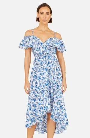 YUMI Floral Print Off-the-shoulder Midi Dress - Blue