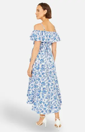 YUMI Floral Print Off-the-shoulder Midi Dress - Blue