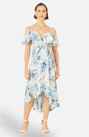 YUMI Floral Print Off-the-shoulder Midi Dress - White