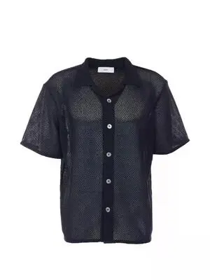 DUNST Crochet-knit Open-collar Shirt - Black