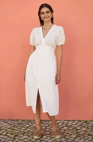 YUMI Broderie Anglaise Midi Dress With Puff Sleeves And Slit Hem