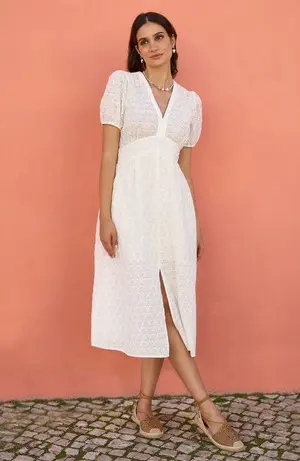 YUMI Broderie Anglaise Midi Dress With Puff Sleeves And Slit Hem