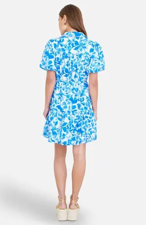 YUMI Floral Print Relaxed Shirt Dress - Blue