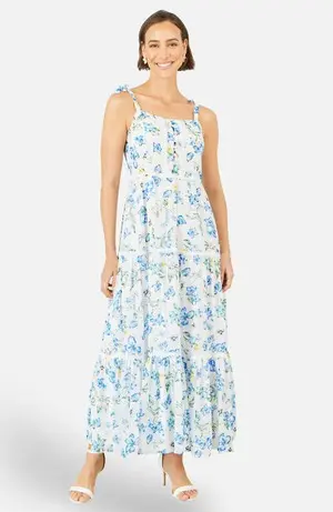 YUMI Butterfly Print Lace Trim Maxi Dress - White