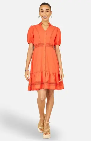 YUMI Cotton Lace Trim Skater Shirt Dress - Orange
