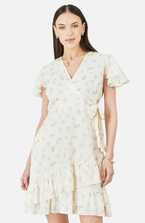 YUMI Rose Print Frill Dress - White