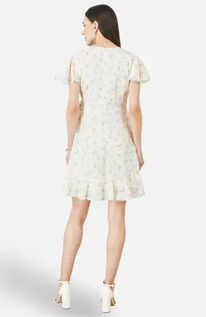 YUMI Rose Print Frill Dress - White