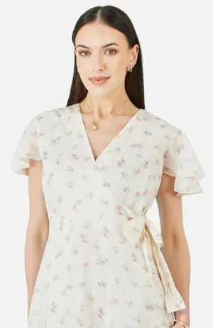 YUMI Rose Print Frill Dress - White