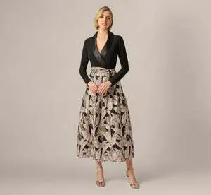 Adrianna Papell Long Sleeve Tuxedo Ankle Length Gown - Black/blush
