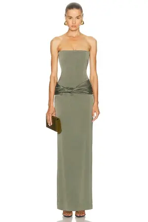 Alex Perry Strapless Longline Corset Twist Drape Column Dress - Deep Sage