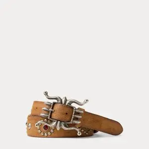 Ralph Lauren Studded Roughout Suede Belt - Tan/vintage Silver