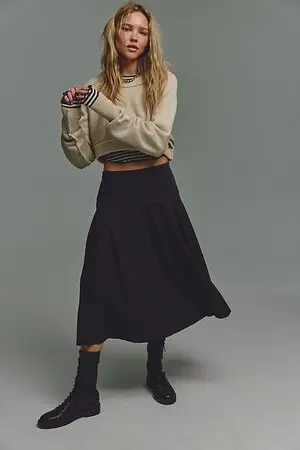 Free People We The Free Skipper Pleated Chino Midi Skirt - Black