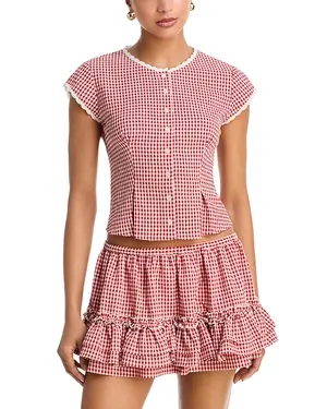 WAYF Aria Top Gingham Shirt With Lace Trim - Red