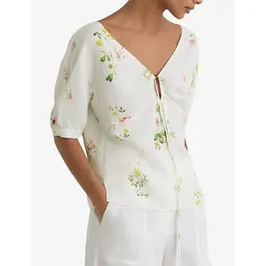 REISS Floral-print Linen-blend Top With Tie Detail