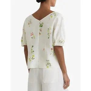 REISS Floral-print Linen-blend Top With Tie Detail