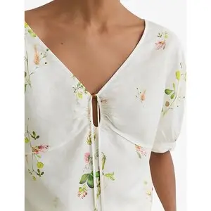 REISS Floral-print Linen-blend Top With Tie Detail