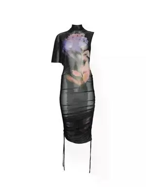 David Koma Asymmetric-sleeve Printed-mesh Midi Dress