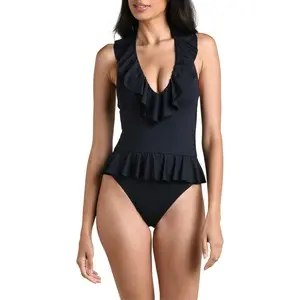 La Blanca Island Goddess Halter One-piece Swimsuit With Ruffles And Peplum - Black