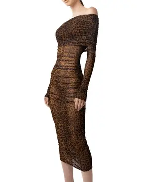Lapointe Printed Mesh Off Shoulder Midi Dress