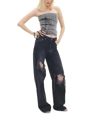 AREA Disco Ball Sequin Embellished Tube Top - Black