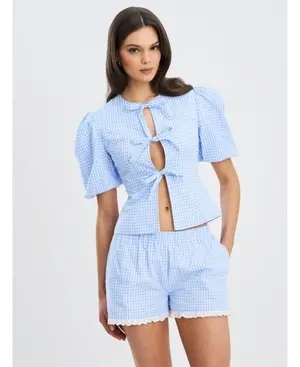 MISS CIRCLE NEW YORK Gingham Bowtie Top - Blue