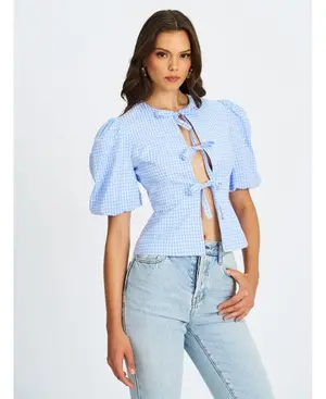 MISS CIRCLE NEW YORK Gingham Bowtie Top - Blue