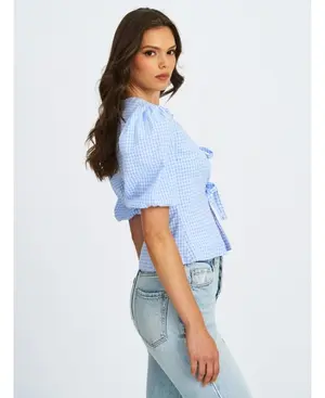 MISS CIRCLE NEW YORK Gingham Bowtie Top - Blue