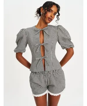 MISS CIRCLE NEW YORK Gingham Bowtie Top - Black