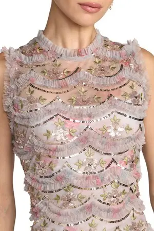 Mac Duggal Sleeveless Sequin Tiered Ruffle Midi Dress